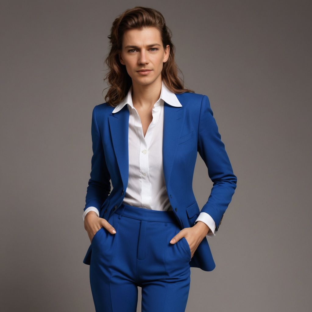 Convert Photo to Blue Suit White Ruffle Shirt Long Brown Hair Lady ...